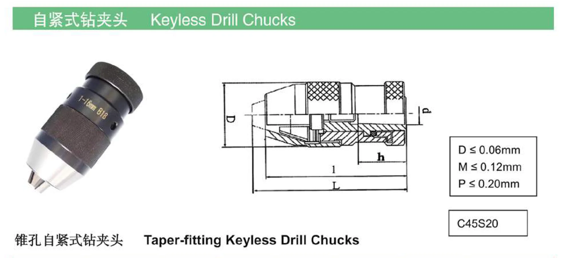 Taper-fitting Keyless Drill Chuck - 1-16mm B18 Taper