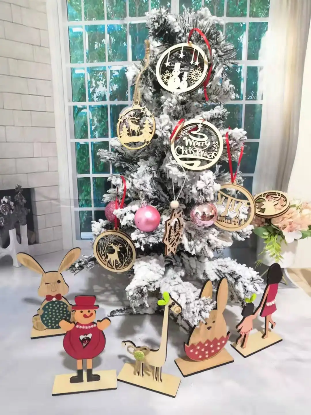 Wholesale Custom Natural Wood Cutout Christmas Ornaments