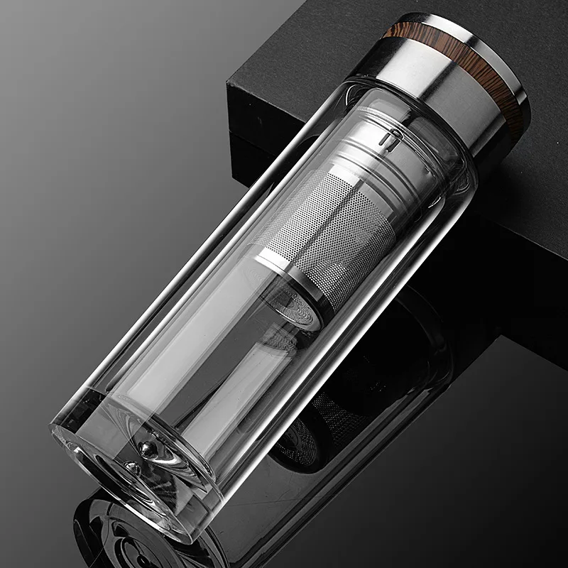 Double Wall Wood Color Tea Filter Glass Water Bottle With Tea Infuser ...
