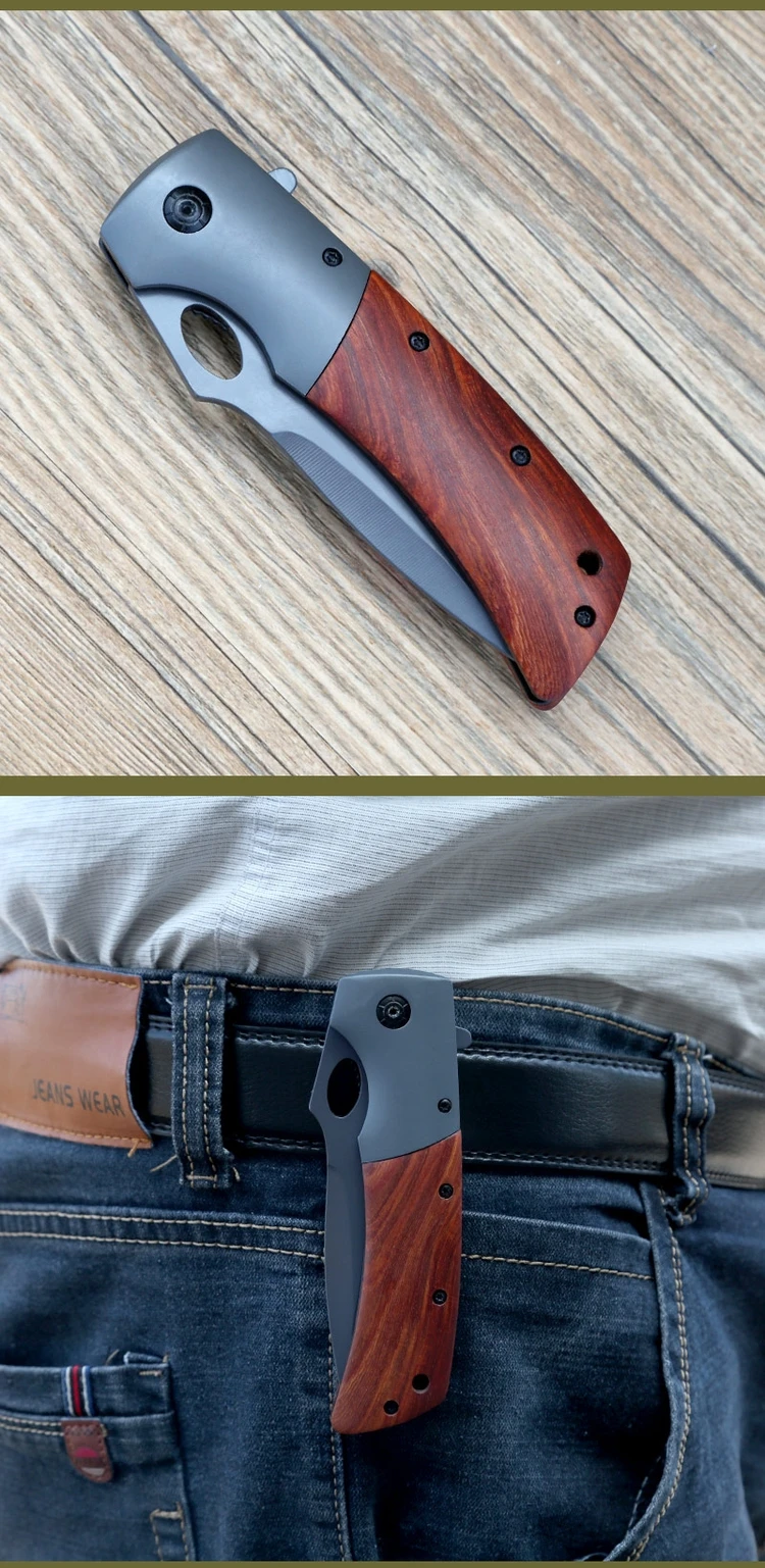 Mahogany Wooden Handle Pocket Folding Knife Outdoor Hiking Camping Self ...