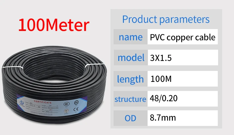 Conductor Flexible Submersible Cable Wire 3core 16awg Round Copper For Water Pumps 100m Pvc Rvv ...