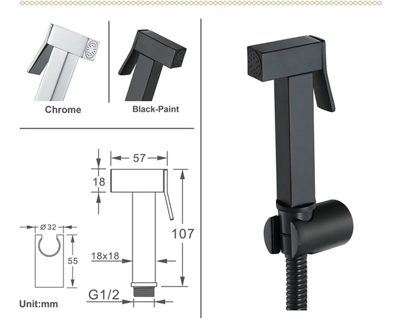 Shattaf Modern Golden Square Toilet Spray Gun - High Pressure Bidet