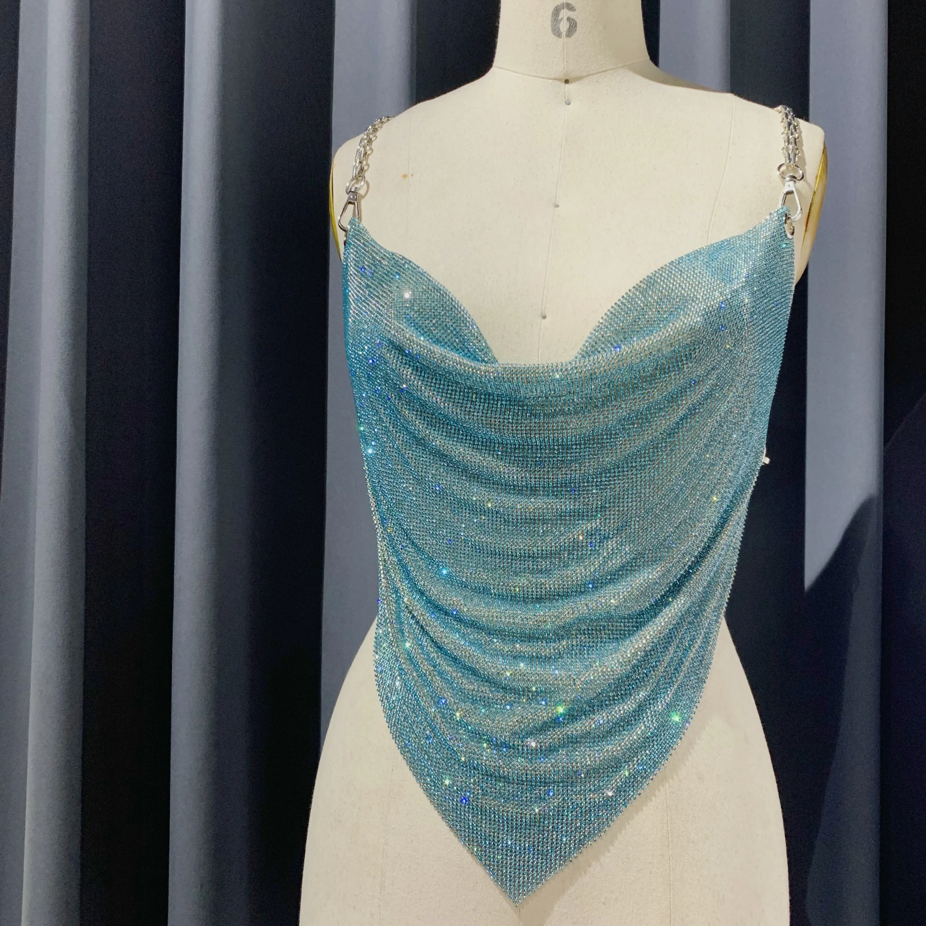 Fashion Design Y2K Blue Crystal Metallic Rhinestone Chain Sexy Club ...