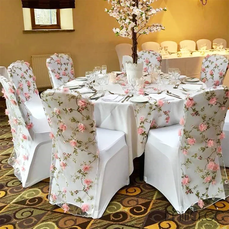 Elegant Floral Embroidered Organza Chair Cap Cover For Weddings ...