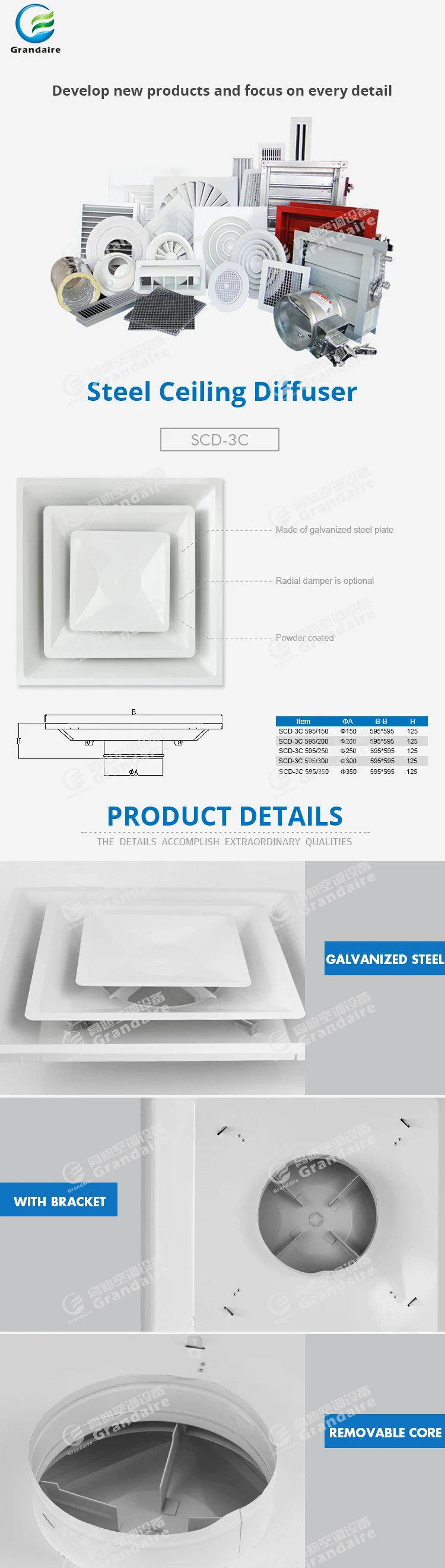 Air Conditioning United State Design Steel 3 Cone Diffuser with Fix ...