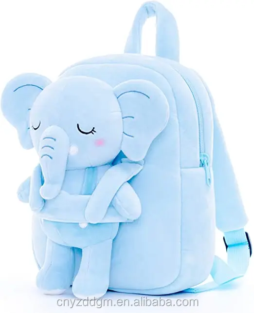 Light Blue Elephant Kids Plush Backpacks with Stuffed Toy