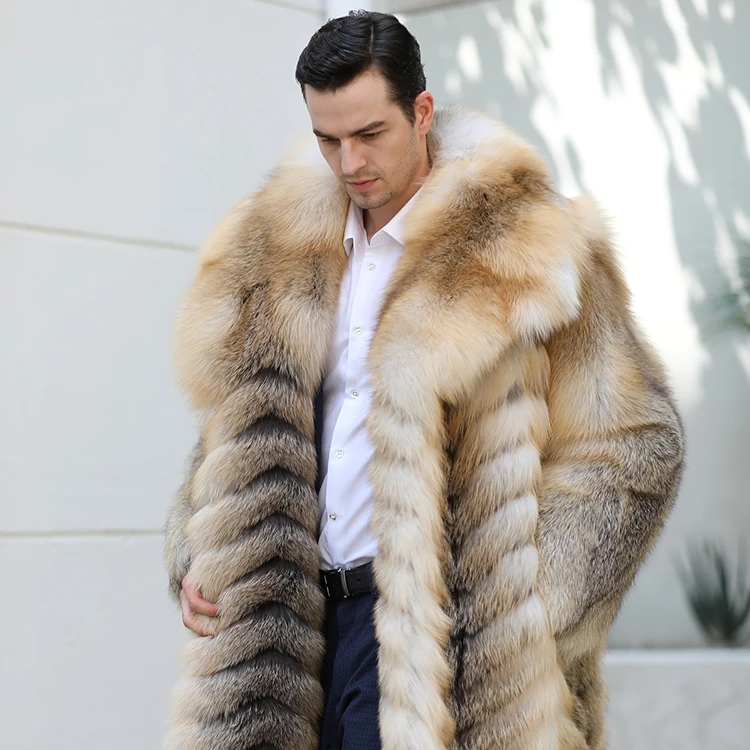 Men Charming Style Long Golden Fox Fur Outwear Autumn Winter Warm Real ...