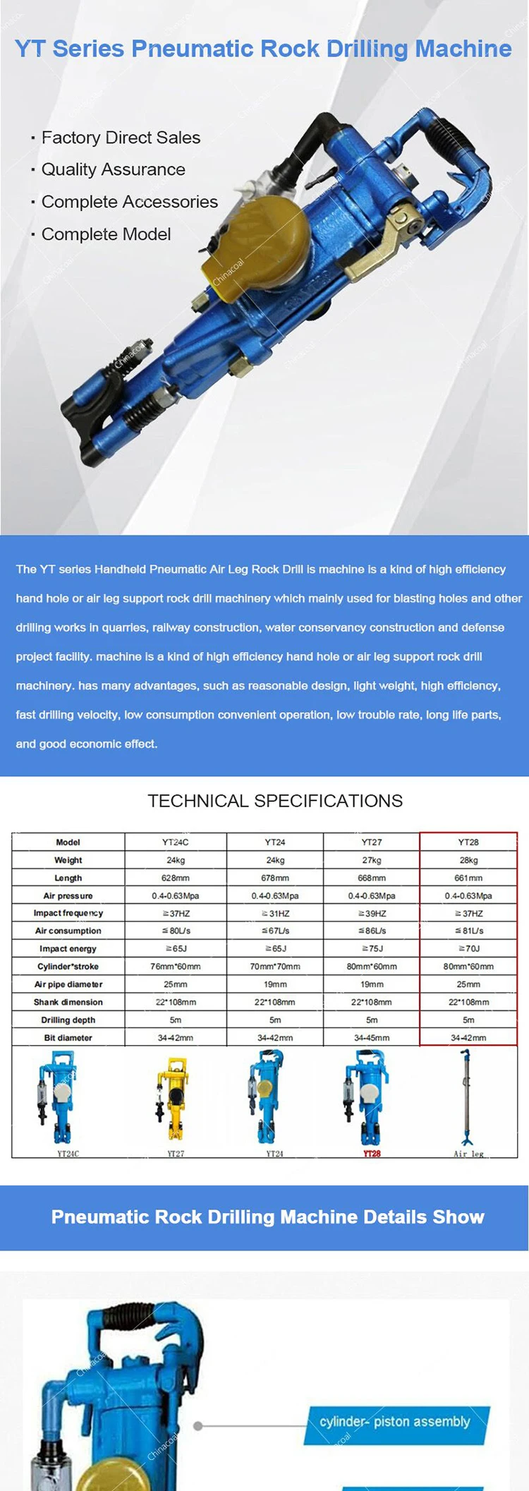 Máquina perforadora/perforadora neumática, pierna de aire, YT27| Alibaba.com