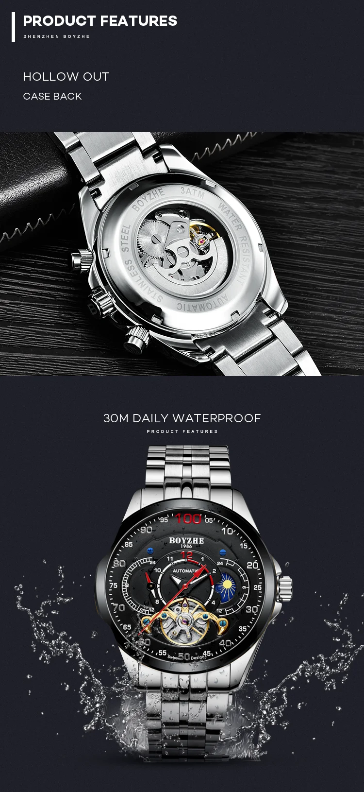 Boyzhe Wl026 Skeleton Mechanical Business Mens Wristwatches Stainless ...