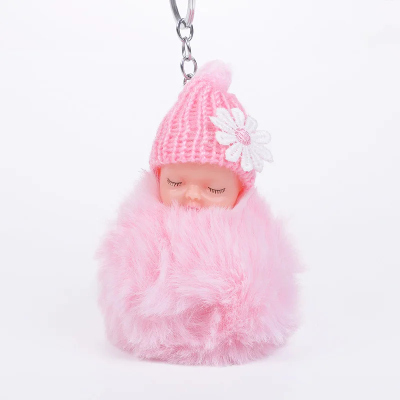 Cute 8cm Sleeping Baby Doll Keychain Pompom Rabbit Fur Ball Key Chain ...