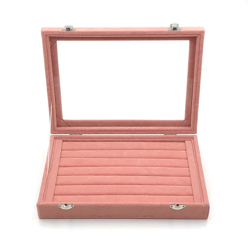Pink Velvet Jewelry Storage Box with Glass Cover - Mordoa
