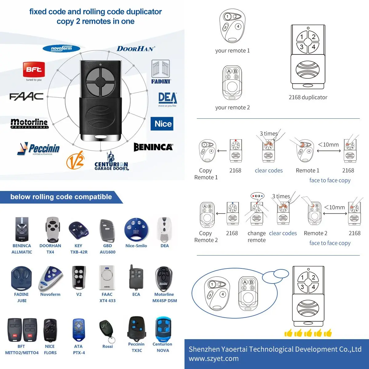 Yet2168 4 Button 433.92 Rolling Code Compatible Hcs 301 Gate Remote Control For Garage Key Fob ...