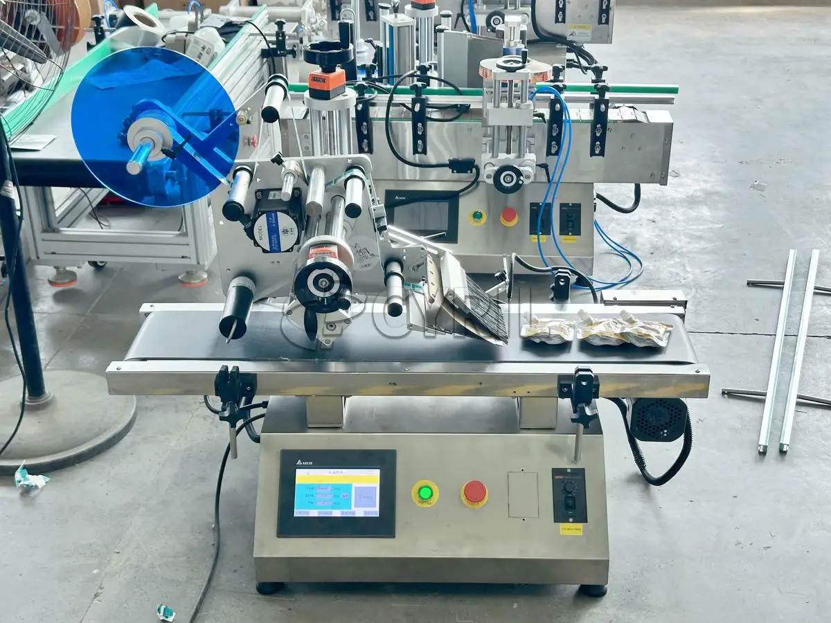 Automatic Feeder Label Applicator Sticker Flat Bag Mylar Pouch Desktop Doypack Pouch Card Top ...