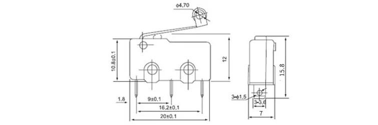 KW4-3Z-3-LW Roller Limit Switch - 3 Pin, 5A, 125VAC/250VAC