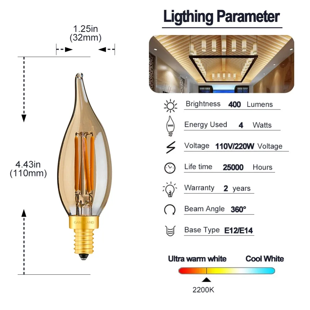 C32t E14 12v 4w 2200k Vintage Edison Lamp Light Bulb Gold Tint Amber ...