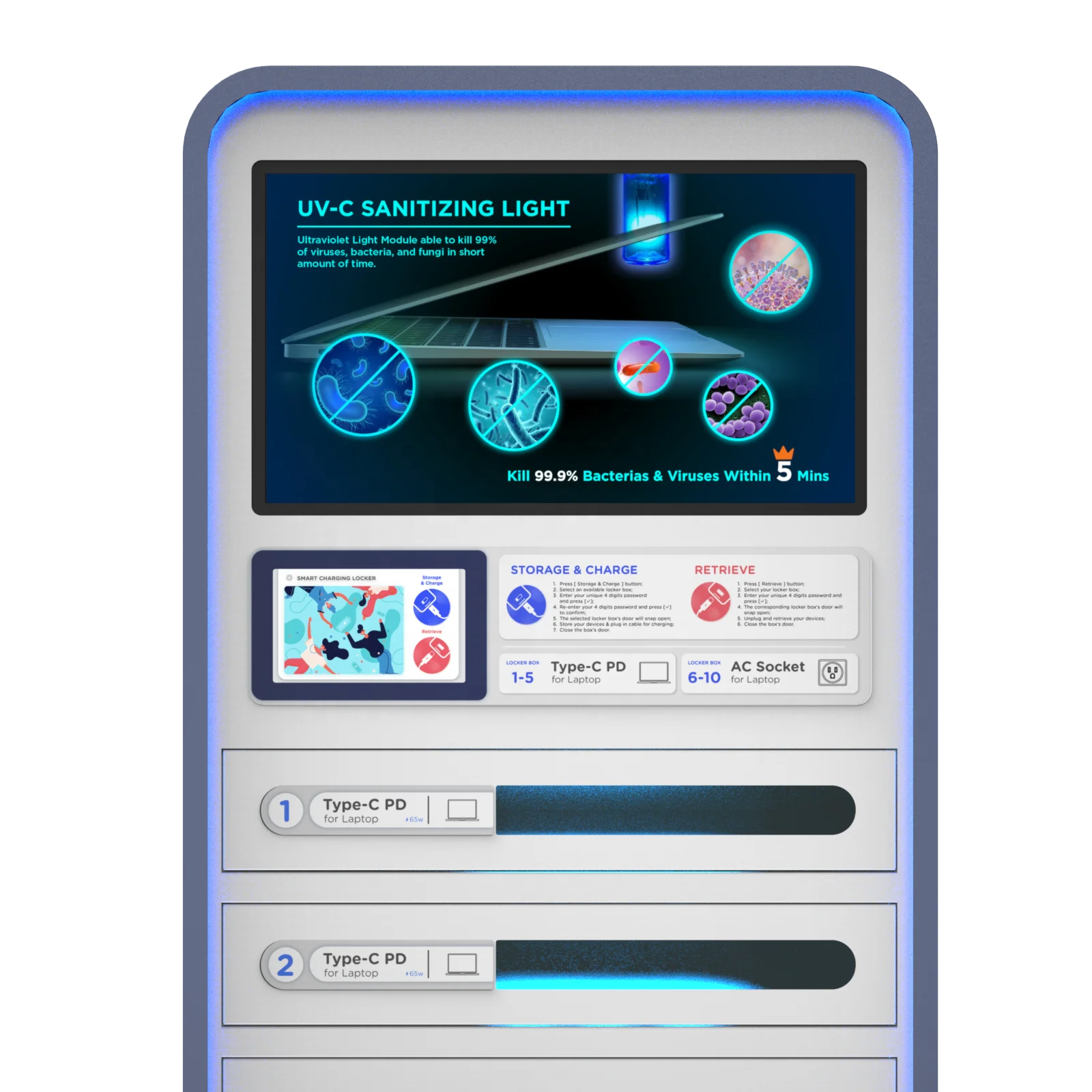 Y2power Acy Premium 10 Bay Laptop/tablet Charge Locker With Uv-c Bulb ...