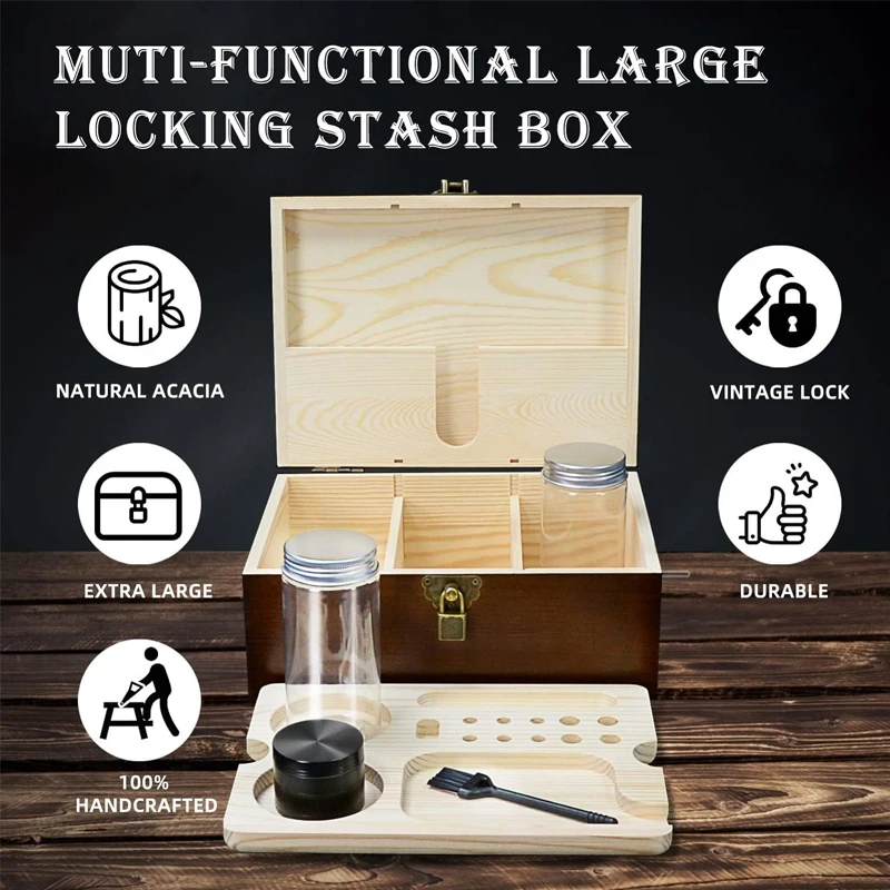 Wooden Stash Organizer Box With Rolling Tray Acacia Container Smoking ...