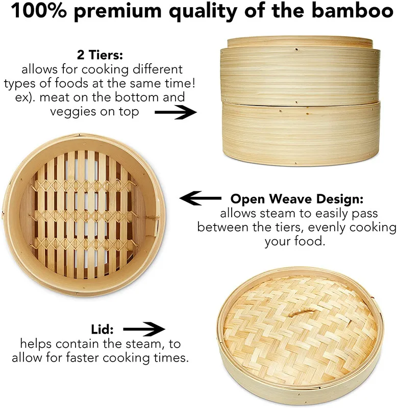 2 Tier Dumpling Steamer Handmade Food Bamboo Steamer Set 10 Inch Bamboo ...