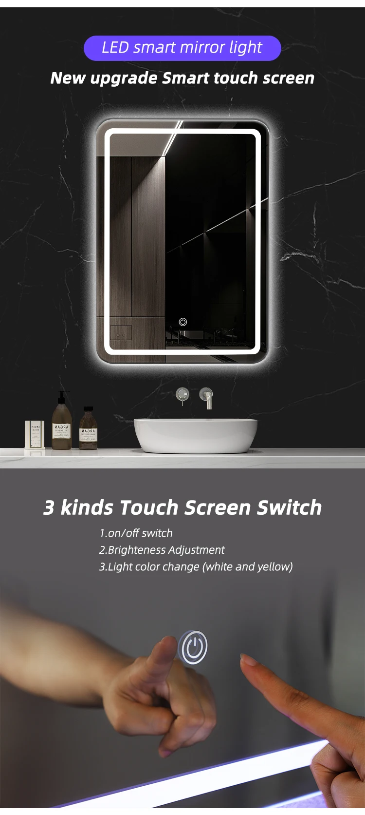 Fogless LED Touch Screen Smart Mirror for Hotel Bathrooms