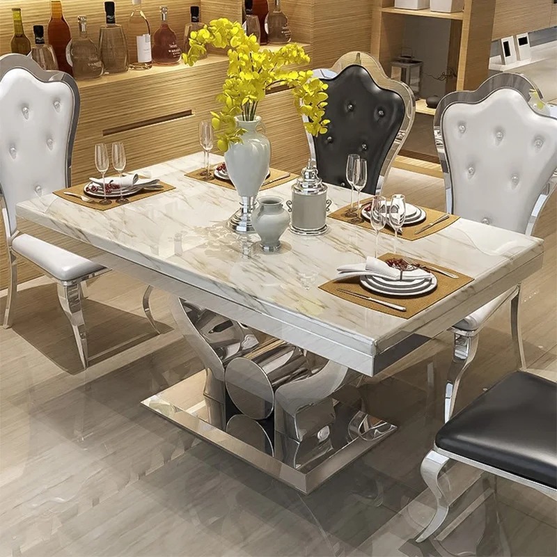 Stainless Steel Dining Table Set with Marble Base