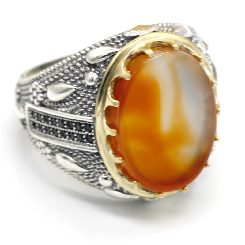 Arabic Rings 925 Stamp Silver with Agate Stone for Men