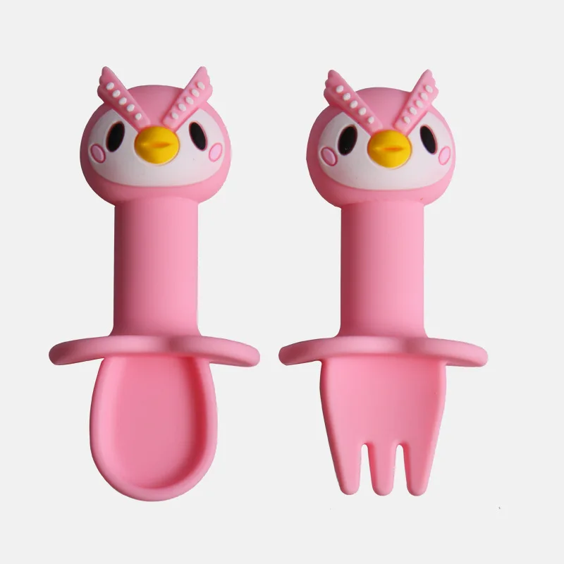Fun Baby Silicone Spork Cartoon Dinosaur Bear Owl Short Handle Baby ...