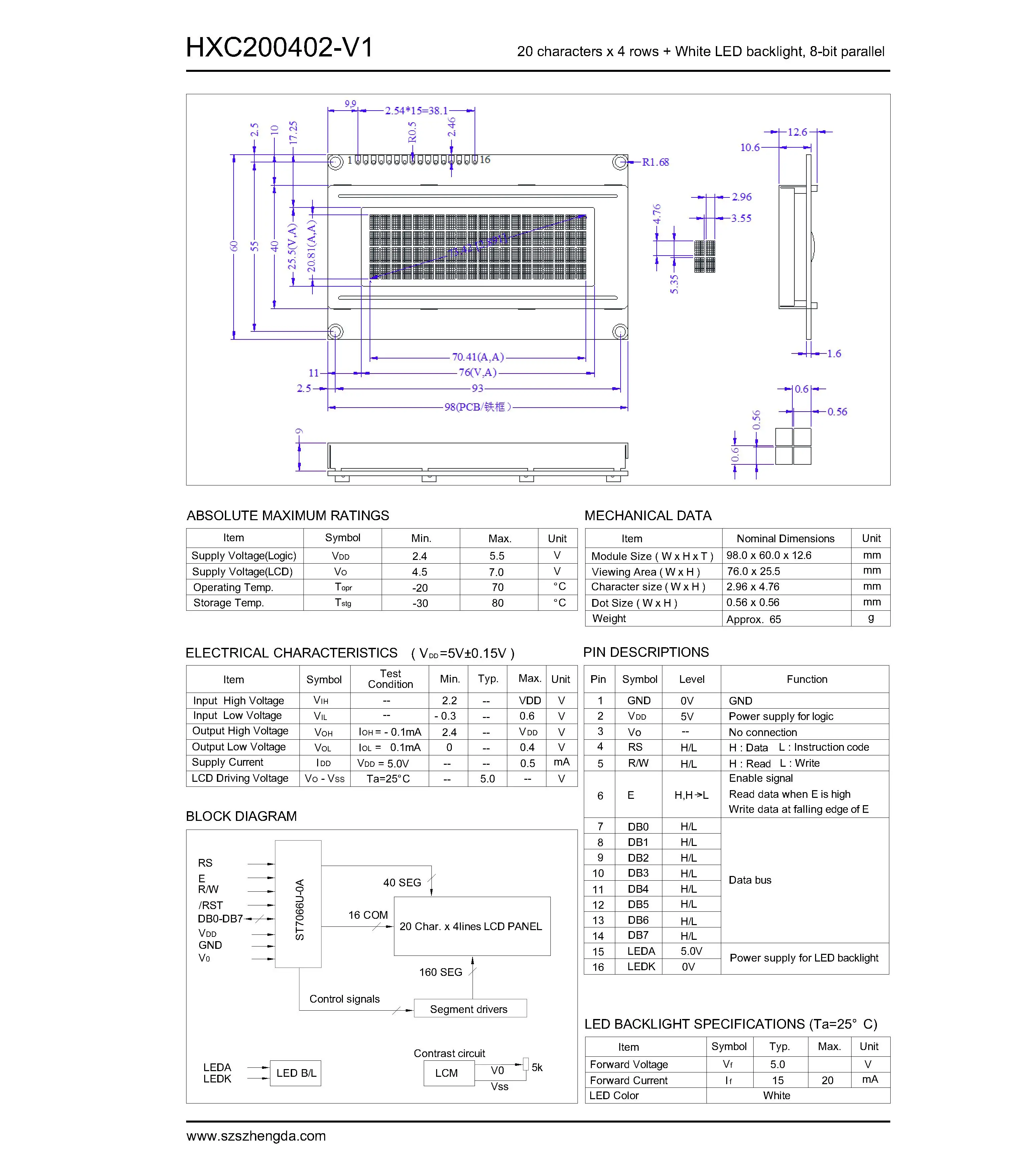 20x4 Character Lcd Module, St7066 Drive, Parallel Interface, Oem