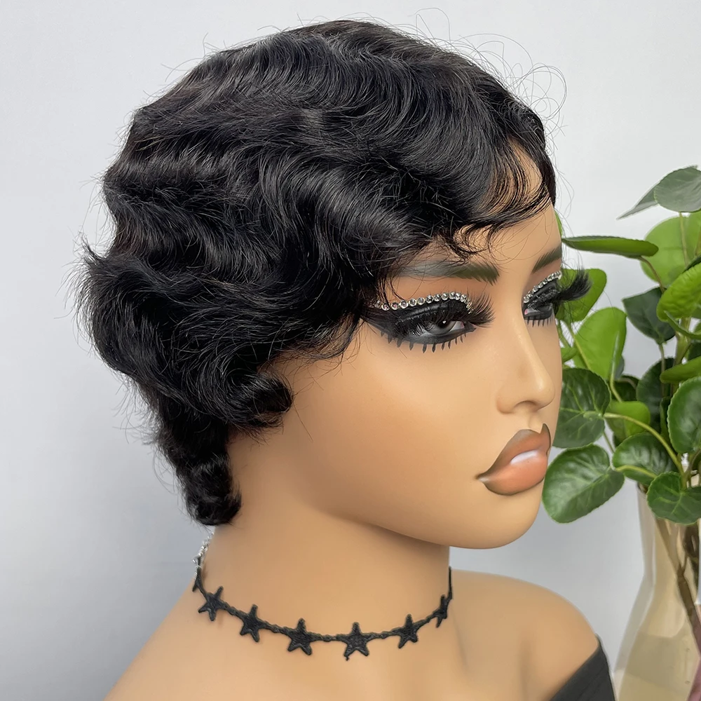 Natural Color Pixie Cut Finger Wave Wig Short Women's Human Hair Wig ...