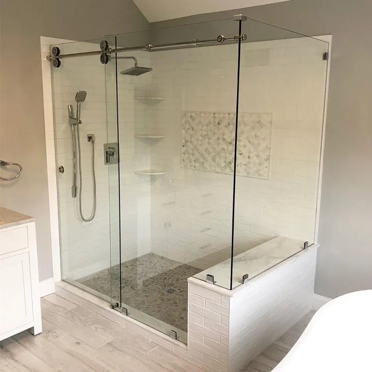 Frameless Shower Sliding Door with Bench Notched Panel