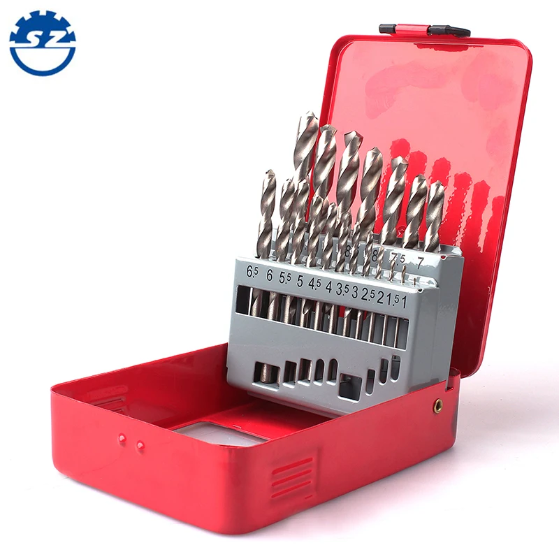 DIN 338 19pcs Metal Box Packing HSS 4241 White Polished Straight Shank Twist Drill Bits Set for ...