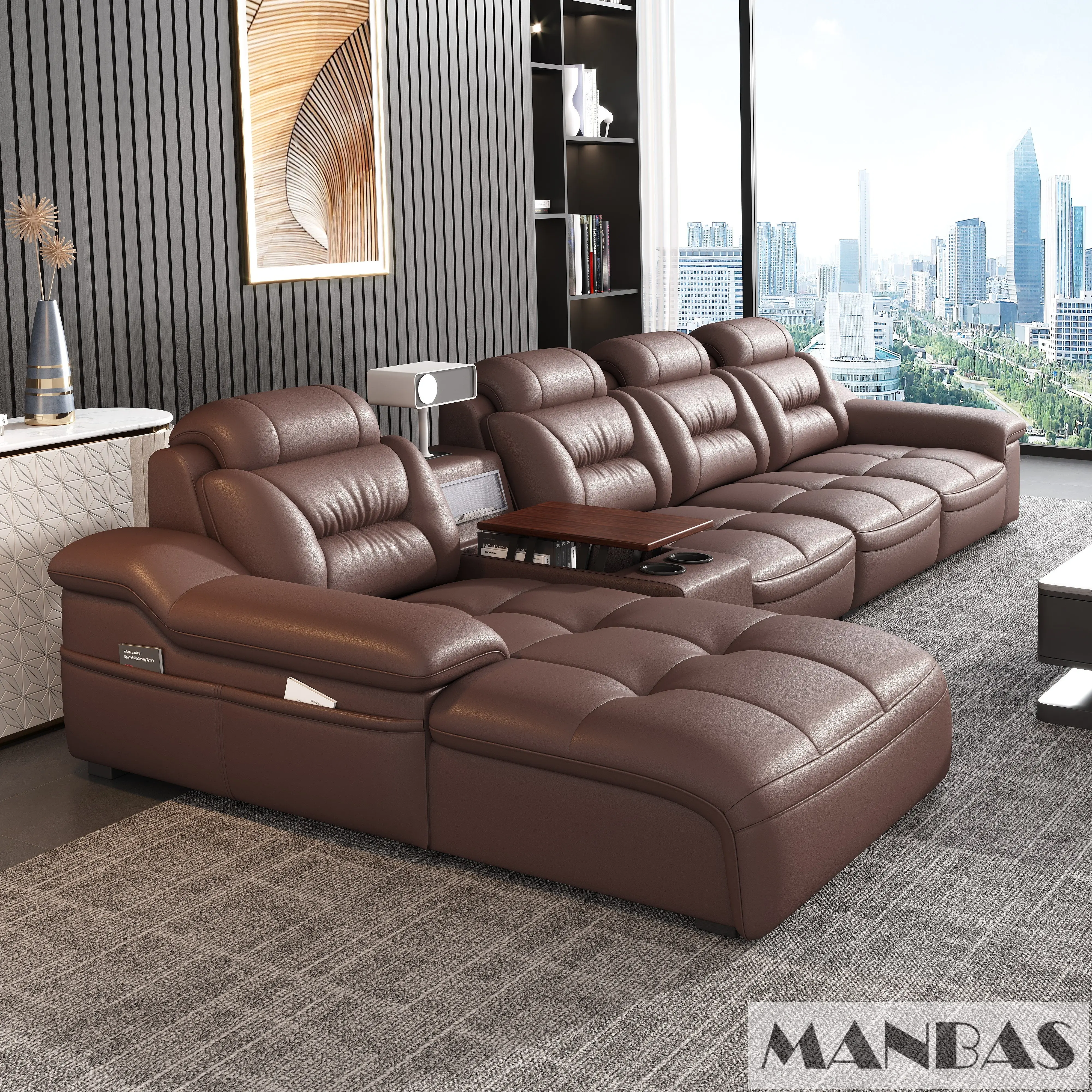Manbas Italian Genuine Leather Sectional Sofa Set for Living Room