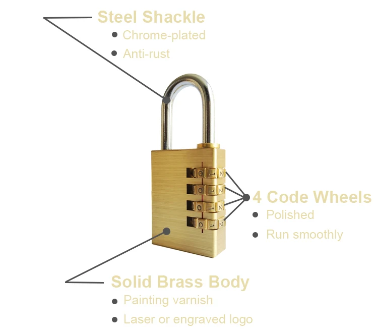 High Quality Outdoor Brass Combination Padlock With 4 Wheel Codes For ...