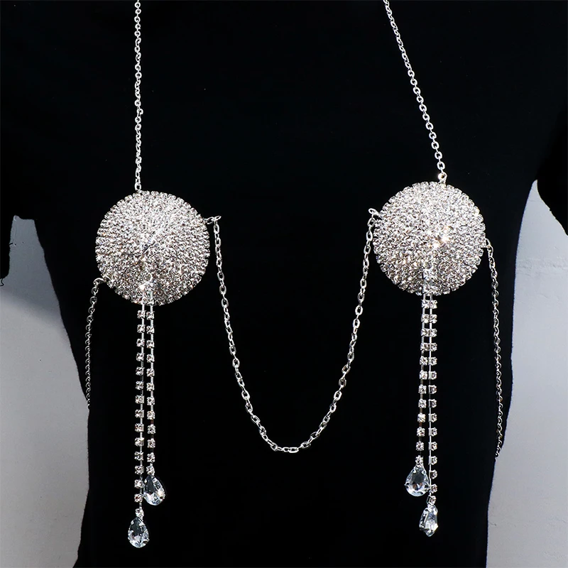 Stonefans Rhinestone Round Nipple Chest Chain For Women Sexy Fine Chain