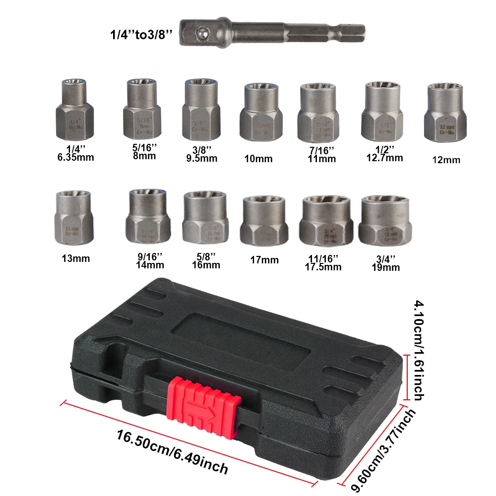 6.35mm-19mm Bolt Nut Remover Socket Set Car Tool Kit Damaged Screw Extractor 14pcs Cr-Mo Steel ...