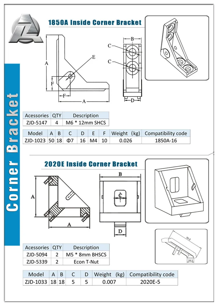 2020 Series Aluminium T Slot Extrusion Inside Angle Corner Bracket ...