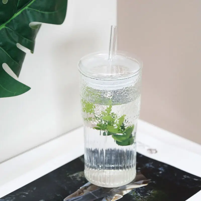400ML Simple Ribbed Vertical Stripes Glass Cup With Lid and Straw ...