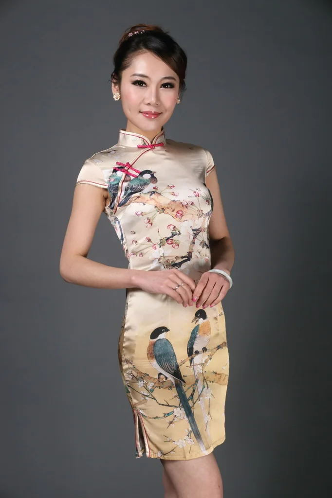 批发中国丝绸连衣裙 Chipao 与鸟类印刷 - Buy Lower Vents Slim Cheong-sam，中国丝绸 Qipaos，qipaos 连衣裙 Product on ...