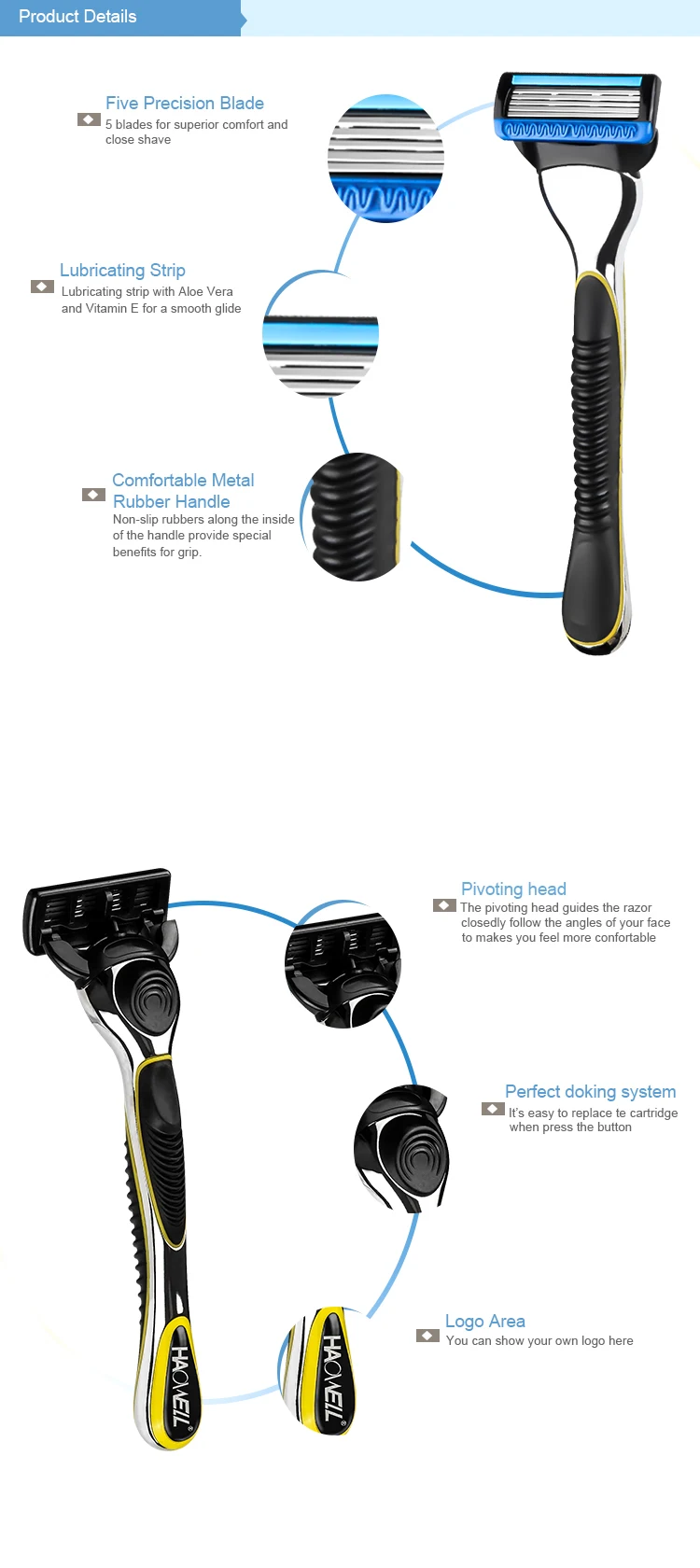 HW-B502DR Five 5 Blade System razor Stainless Steel sharp Blade Mens ...