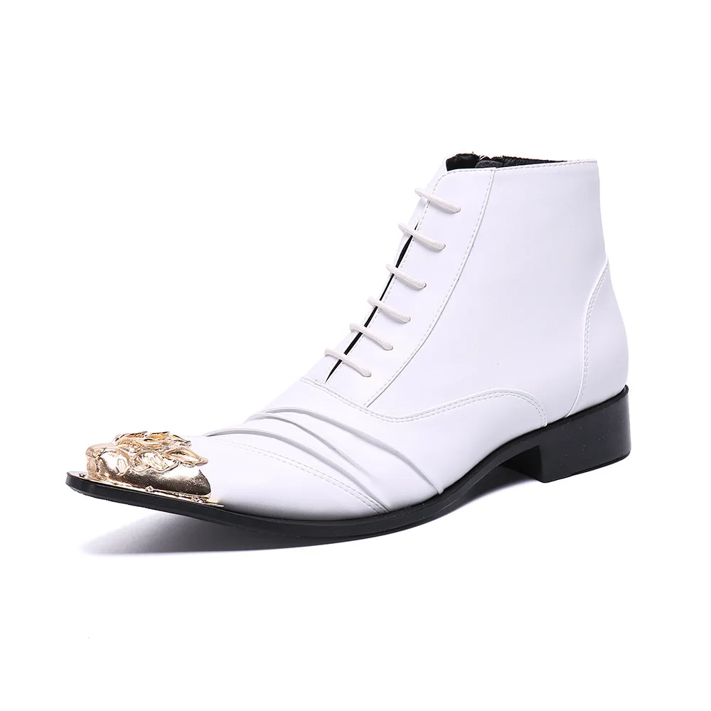 White Ankle Boots For Men Genuine Leather Slouchy Metal Pointed Toe ...