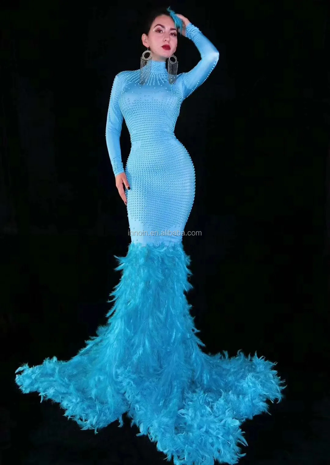 Singer Stage Dance Costume Ballroom Perform Blue Pearl Evening Long ...