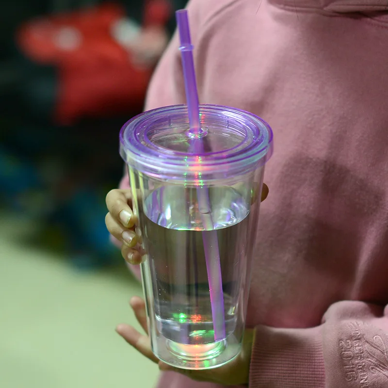 16oz Acrylic Colorful Flash LED Water Bottle Light-Up Double-Layer ...
