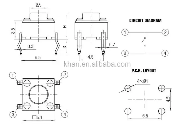 6mm Tactile Switch 4pin through Holes Hasp ROHS Compliance