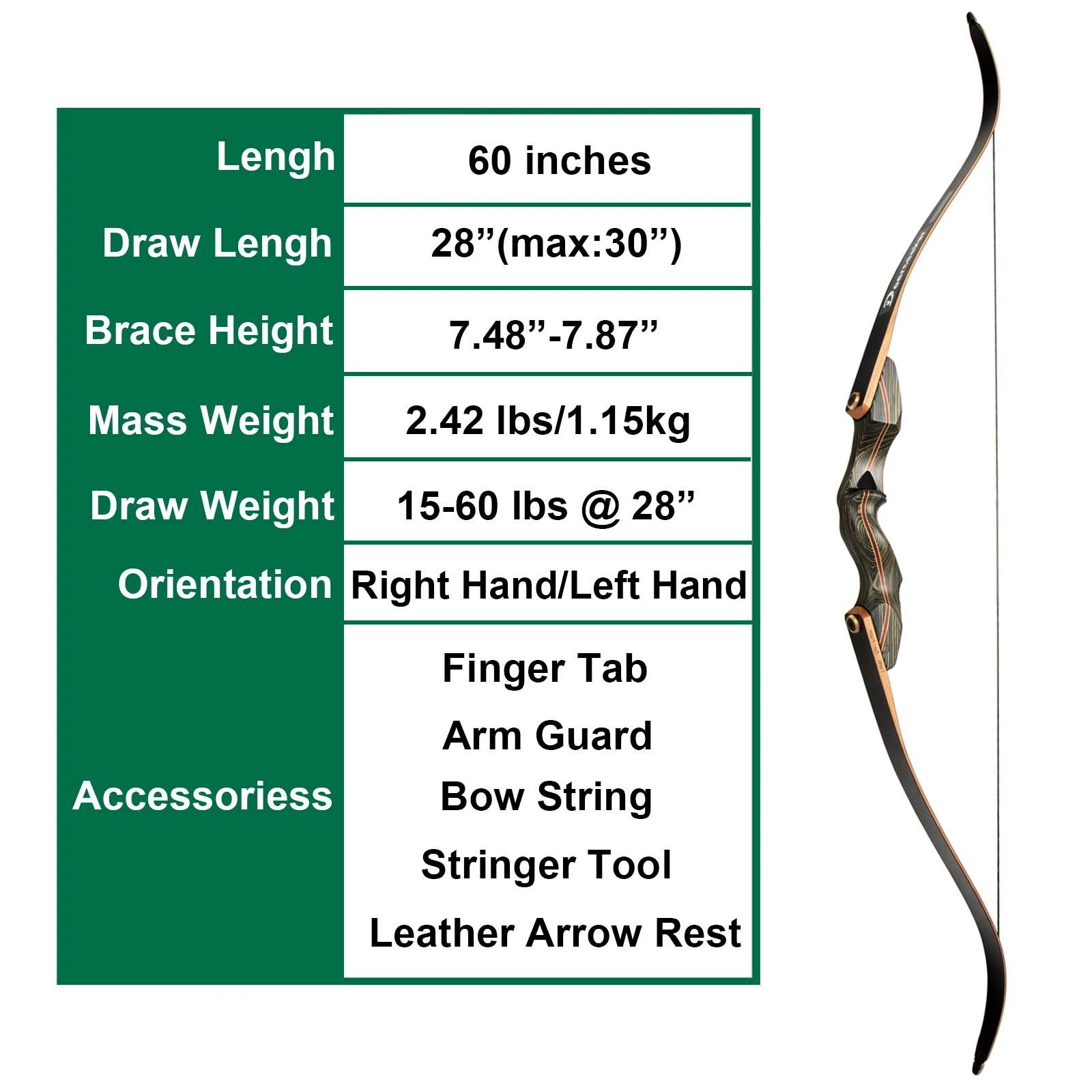 Coyote 60 Inch Takedown Recurve Bow Set Traditional Wood Longbow With ...