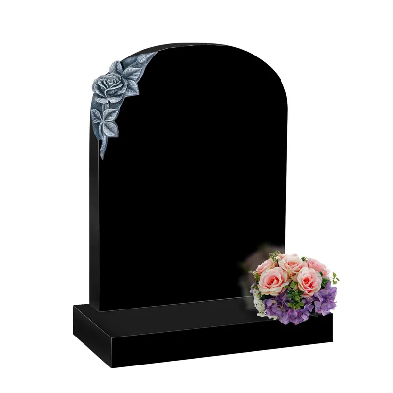 Hand Carved Black Granite Grave Memorial Upright Rose Flower Headstone ...