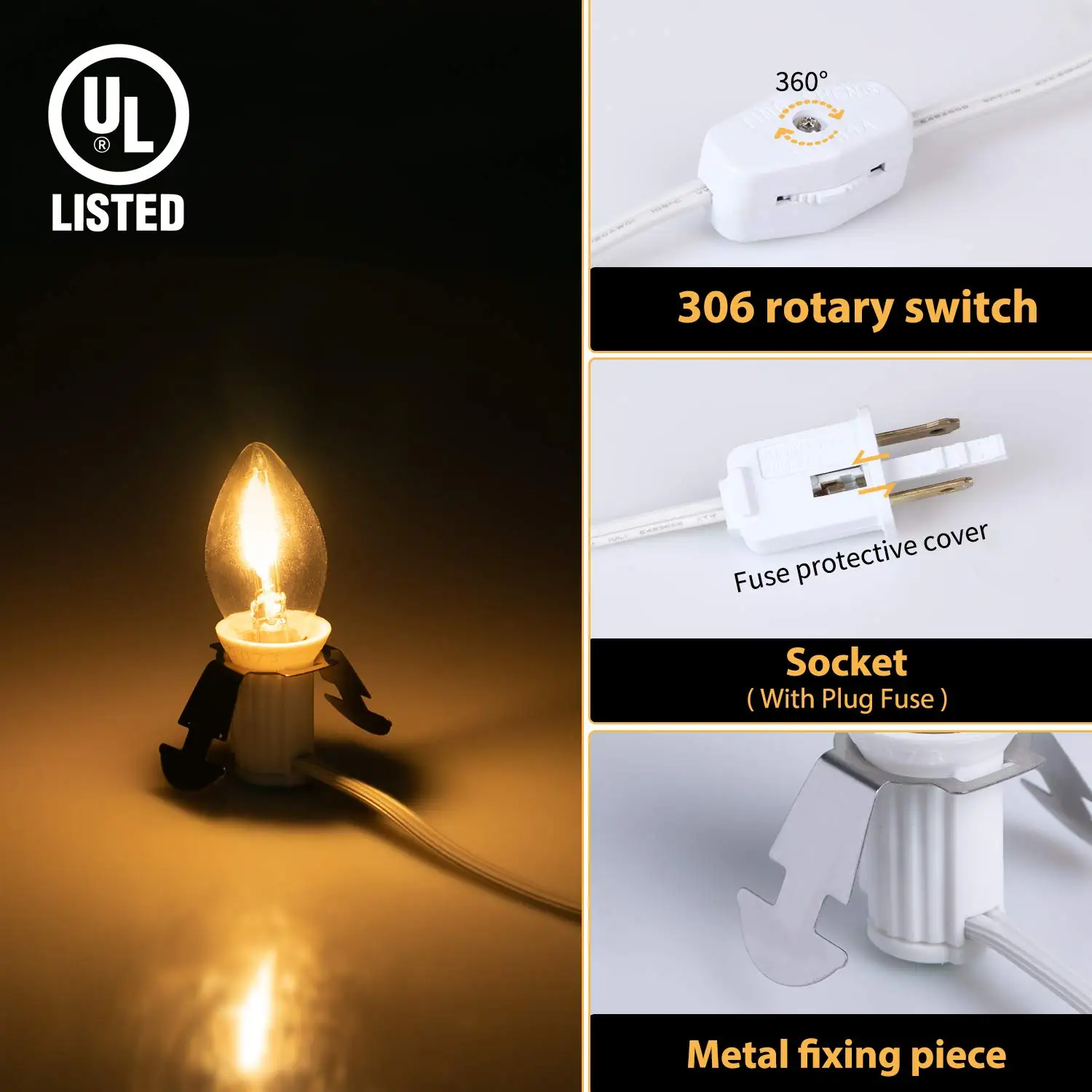 6 FT Ul-Listed LED Light Bulb Cord with Switch for Festivals