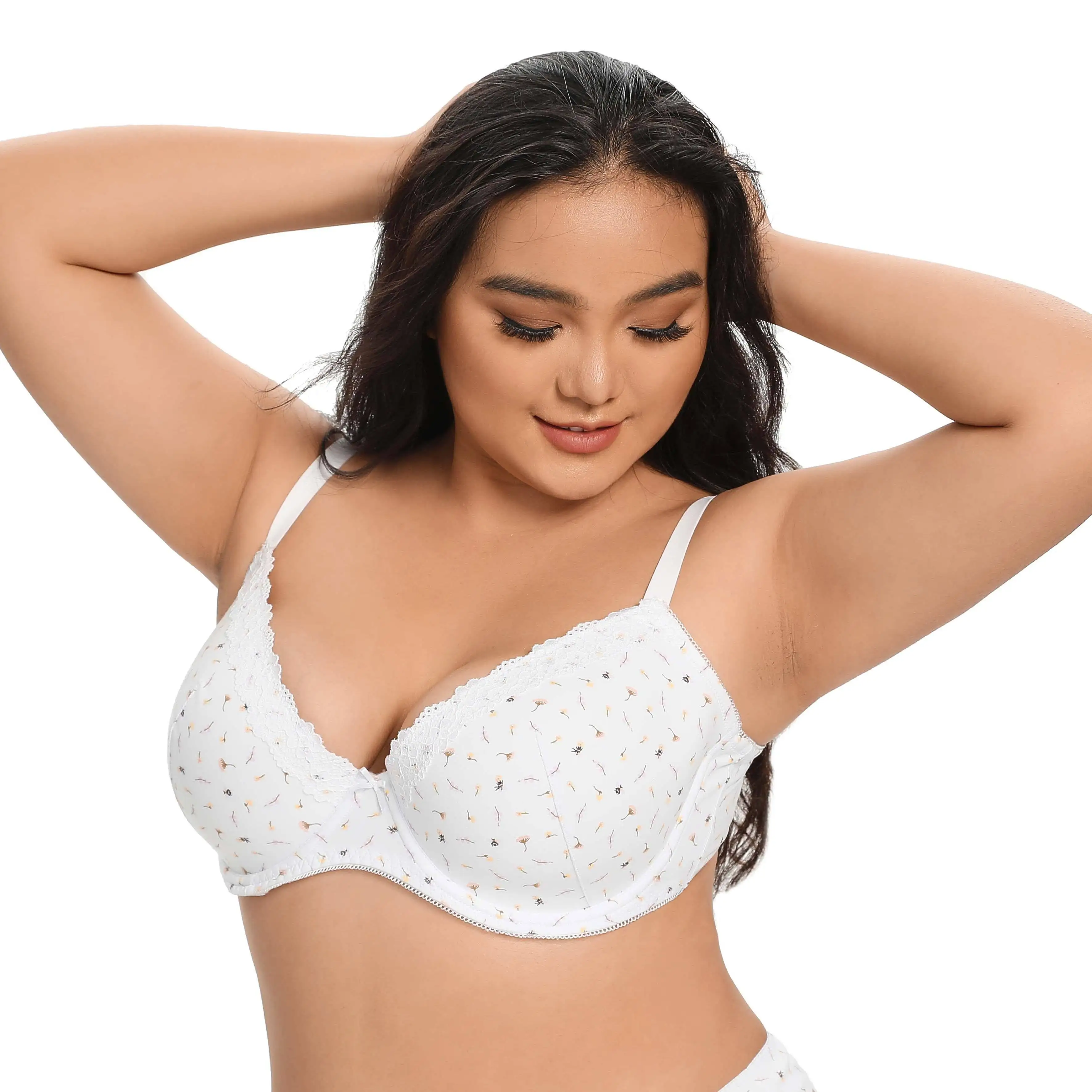 Woman Cotton Lace Bra Printed Plus Size Every Day Bra Bow Decoration Big Full Coverage Cups Big ...