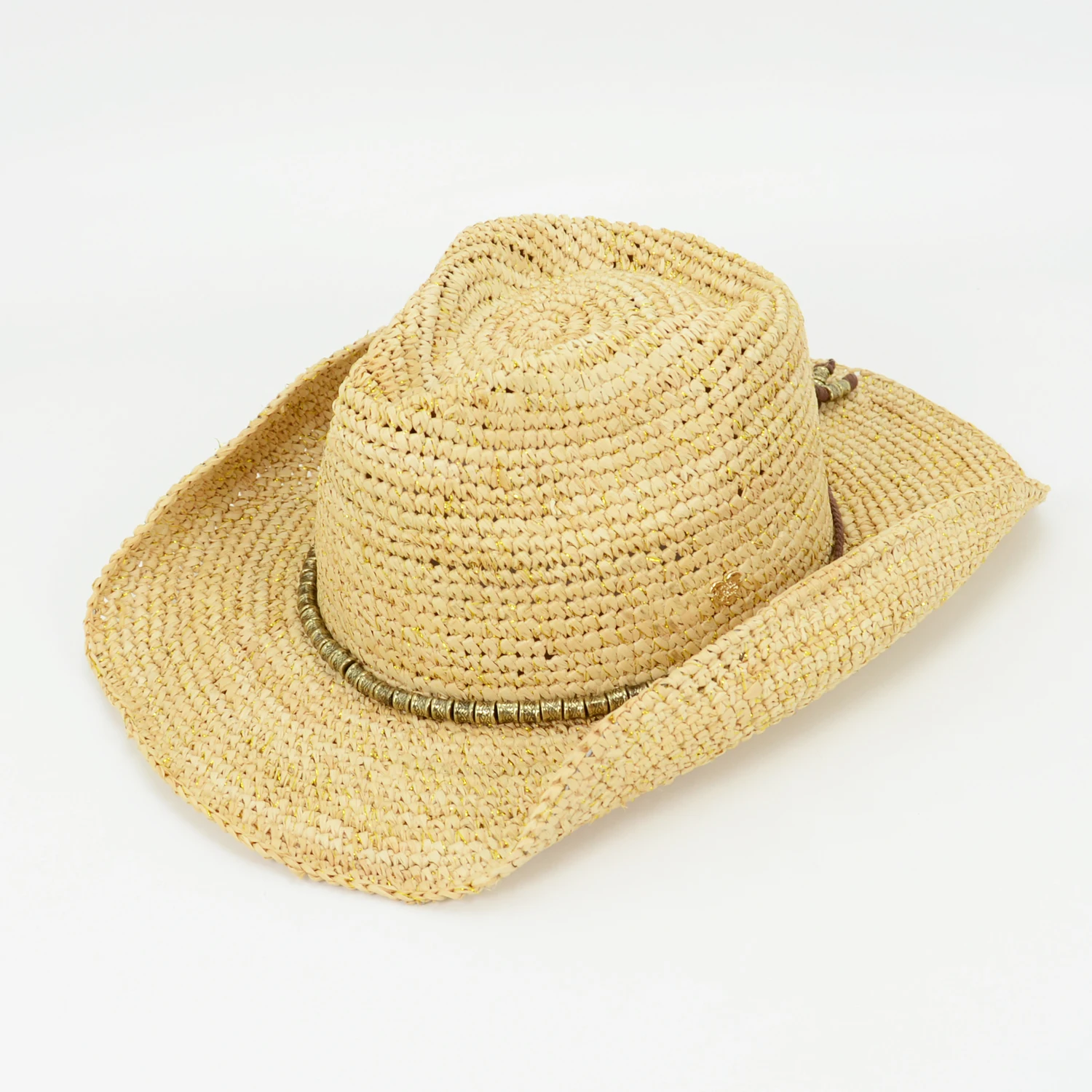 Handmade Crocheted Raffia Straw Cowgirl Hat With Beads Trimming - Buy ...