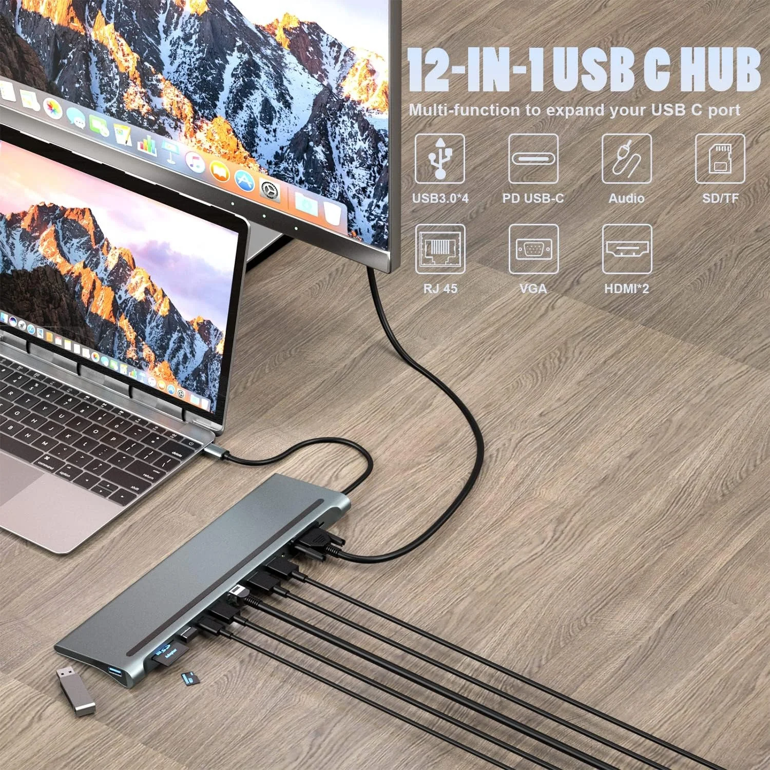 12 In 1 Usb C Hub Docking Station Multi Port Monitor Usb Type C To 4k ...