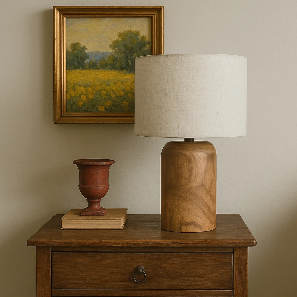 Handcrafted Vintage Rustic Wood Table Lamp with Linen Shade