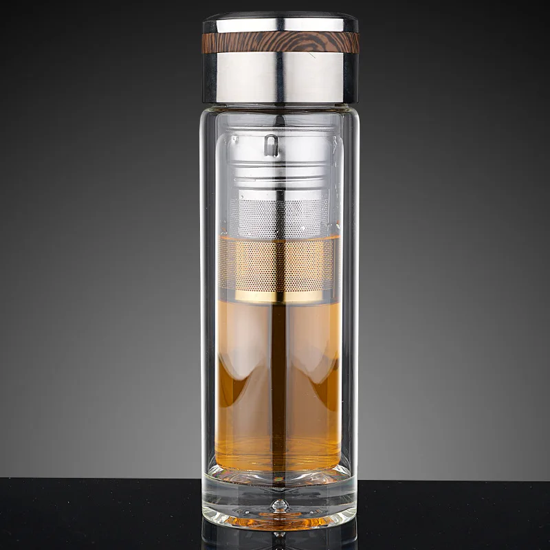 Double Wall Wood Color Tea Filter Glass Water Bottle With Tea Infuser ...